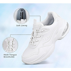 LUCKY STEP Women‘s Air Cushion Fashion Sneakers Platform Casual Walking Resistant Tennis Shoes Hologram Leather Comfortable Travel Sneakers(All White,9B(M) US)