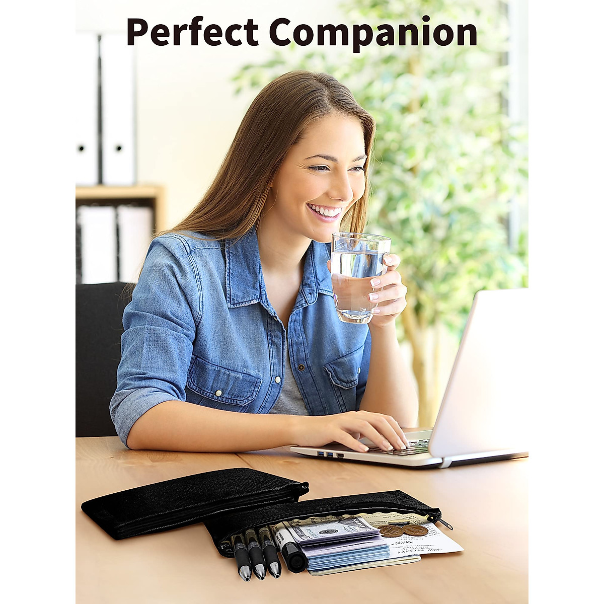 JARLINK 16 Pack Blank Canvas DIY Craft Pencil Case with Zipper, Multipurpose Traveling Toiletry Pouch Bags for School, Makeup, Cash, Office, Bill, Receipt Storage, 8.3’’ x 4.6’’ Inch (Black)