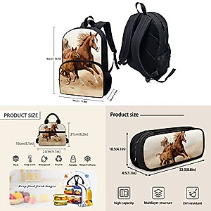 AmzPrint Horse Backpacks For Girls With Lunch Box,Elementary School Bags3 In 1 Bookbag Set Camping Childrens Backpack