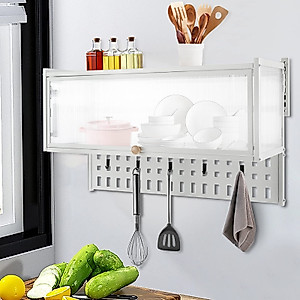 Gdrasuya10 Wall Mounted Storage Cabinet Modern Hanging Kitchen Wall Cabinet Organizer with Storage Shelf and Hooks Wall-Mounted Locker with Glass Door for Kitchen Dining Living Room Bathroom, Black