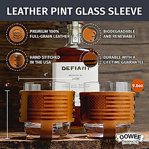Oowee Genuine Leather Sleeve & Rocks Glasses - Set of 2 | 9.6 oz Whiskey Glasses & Old Fashioned Glasses | Great Gift for Men - Sleeve Made in the USA - American Flag