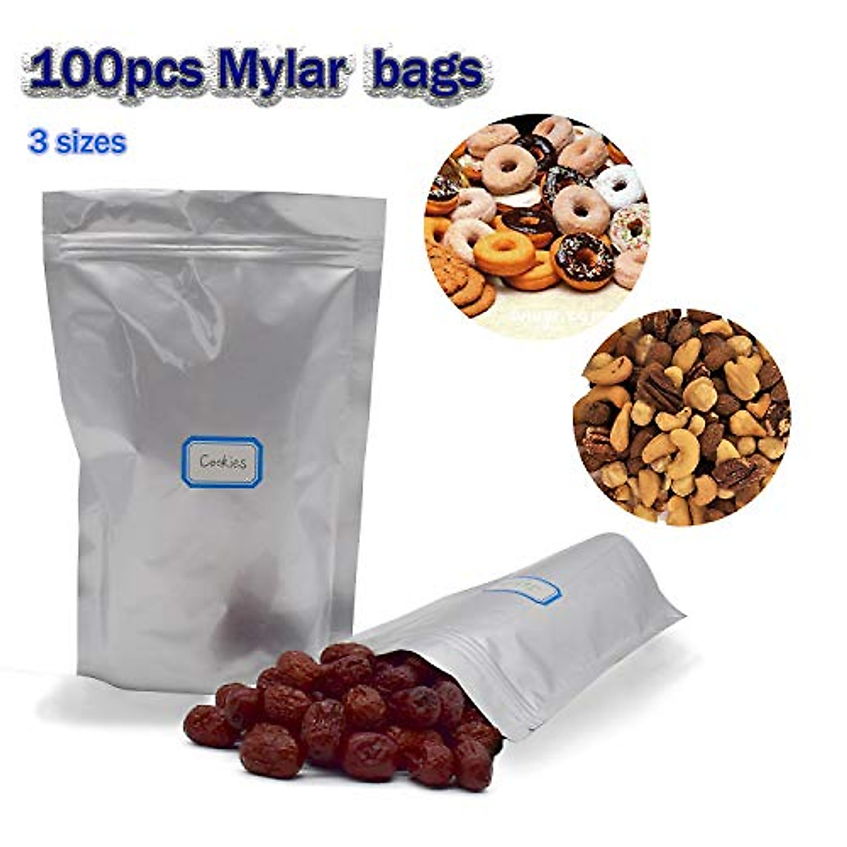 100pcs Mylar Resealable Bags for Food Storage with Stickers, Sealable Smell Proof Zip Pouch Bag, Edible Packaging with Double Side Aluminum Foil, 2.6quarts, 1.1quarts, 0.5quarts