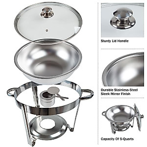 Round 5 QT Chafing Dish Buffet Set - Includes Water Pan, Food Pan, Fuel Holder, Cover, and Stand - Food Warmers for Parties by Great Northern Popcorn