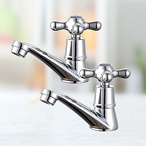 DOITOOL 2 Pcs Basin Taps Mixers Bathroom Sink Tap Basin Mixer Tap Single Lever Basin Faucet Cross Handle Cold Water Sink Basin Taps for Bathroom Kitchen ((Blue Drop Model)