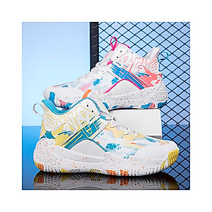 BROHN Men's Women's Basketball Shoes Ultra-Light high-top Fashion Anti-Slip Breathable Sneakers (Orange+Pink, Adult, Women, 7, Numeric, US Footwear Size System, Medium)