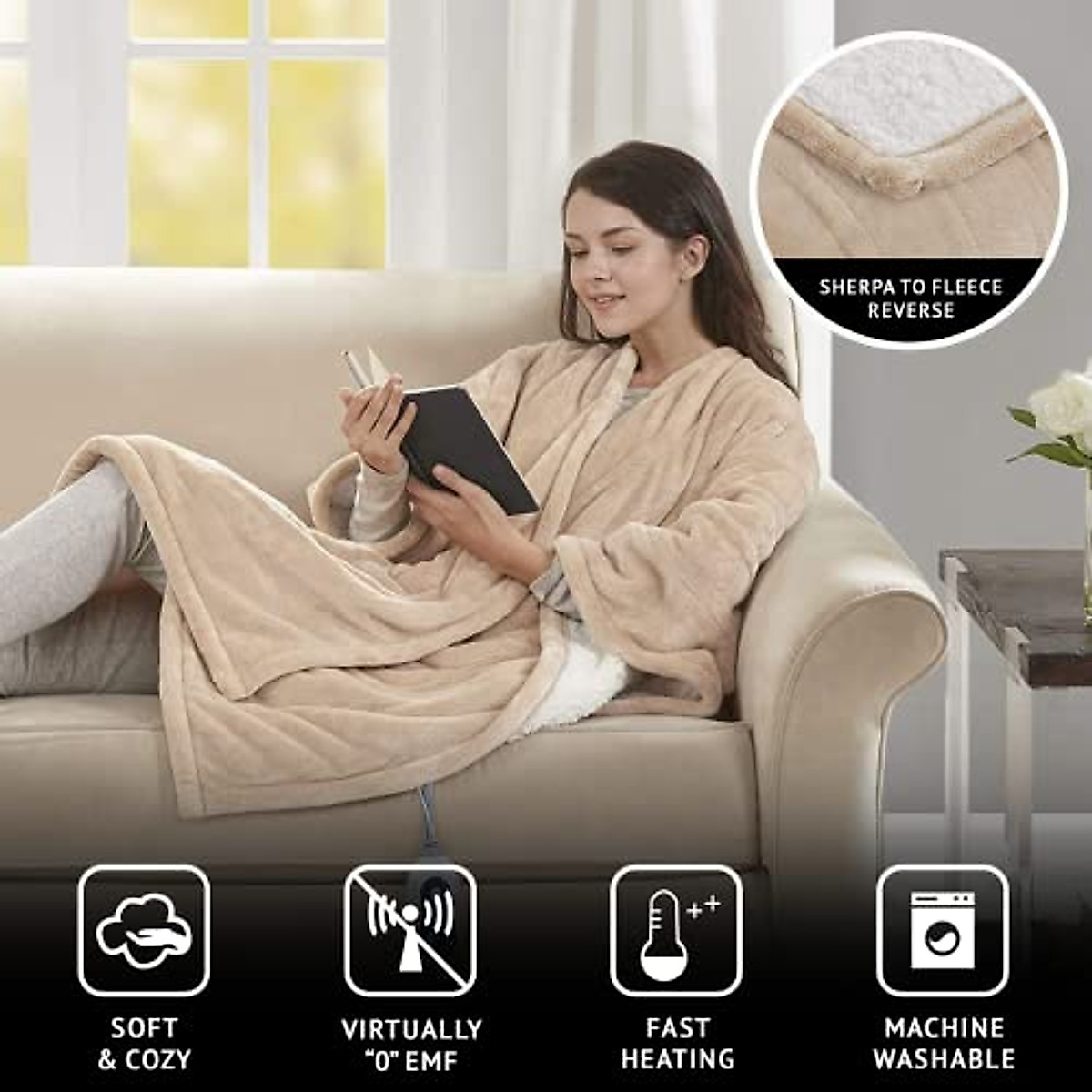 Beautyrest Reversible Sherpa to Fleece Electric Wrap Poncho Blanket Shawl Wearable, Auto Shut Off, Virtually Zero EMF, Multi Heat Setting, UL Certified, Machine Washable, Tan 50" x 64"