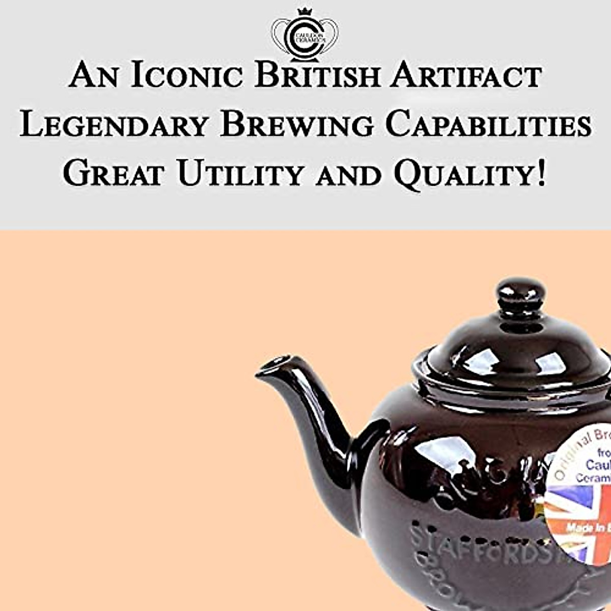 Cauldon Ceramics Classic Brown Betty Teapot | Hand Made 2 Cup Brown Betty Teapot with Logo | Made with Staffordshire Red Clay | Traditional Teapot | Authentic, Made in England Teapot | 20 Ounce