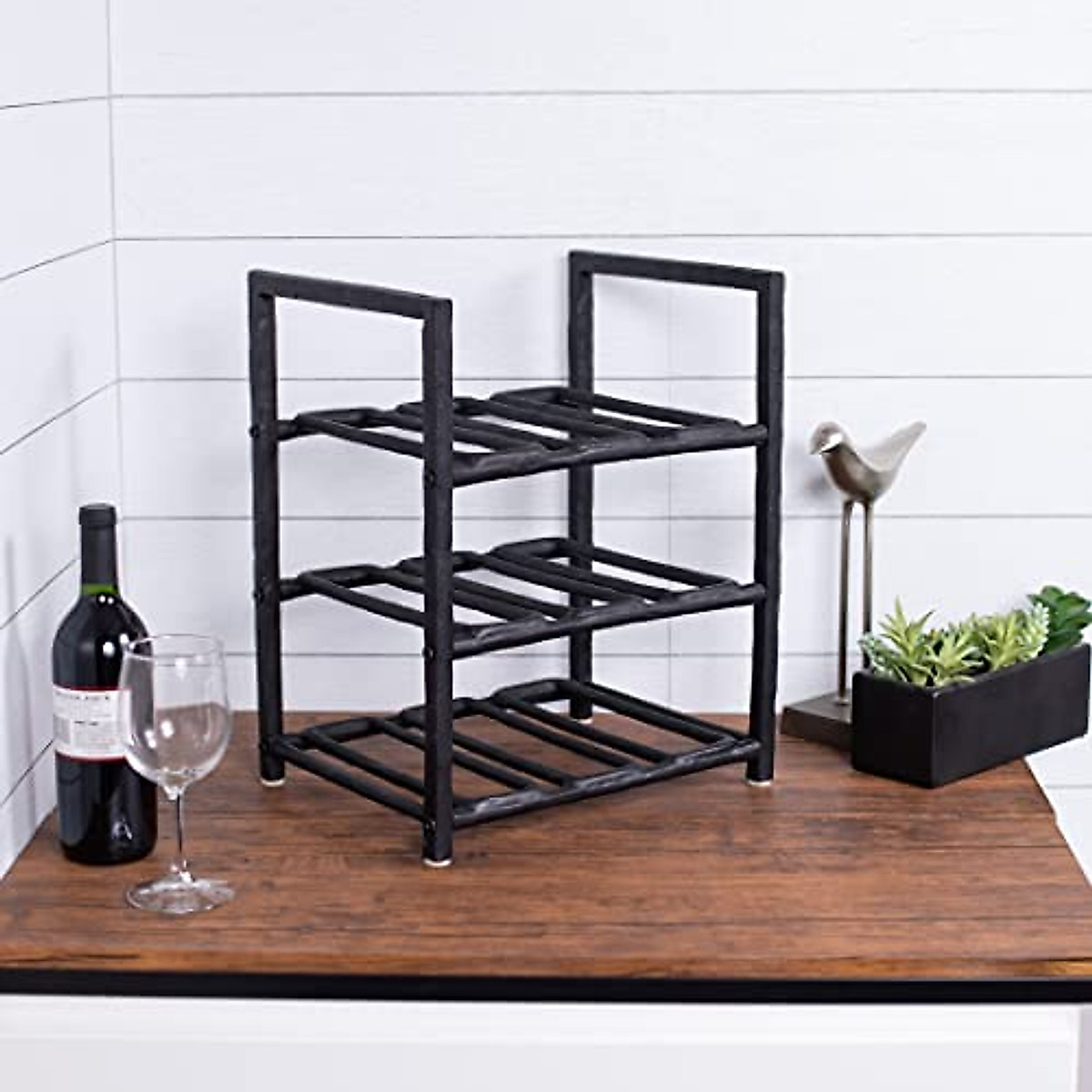 BIRDROCK HOME Wine Rack - Free Standing Stand - Forged Aluminum Metal - Kitchen Countertop - Black - Vertical Shelf Storage Cabinet - Holder (9 Bottle)