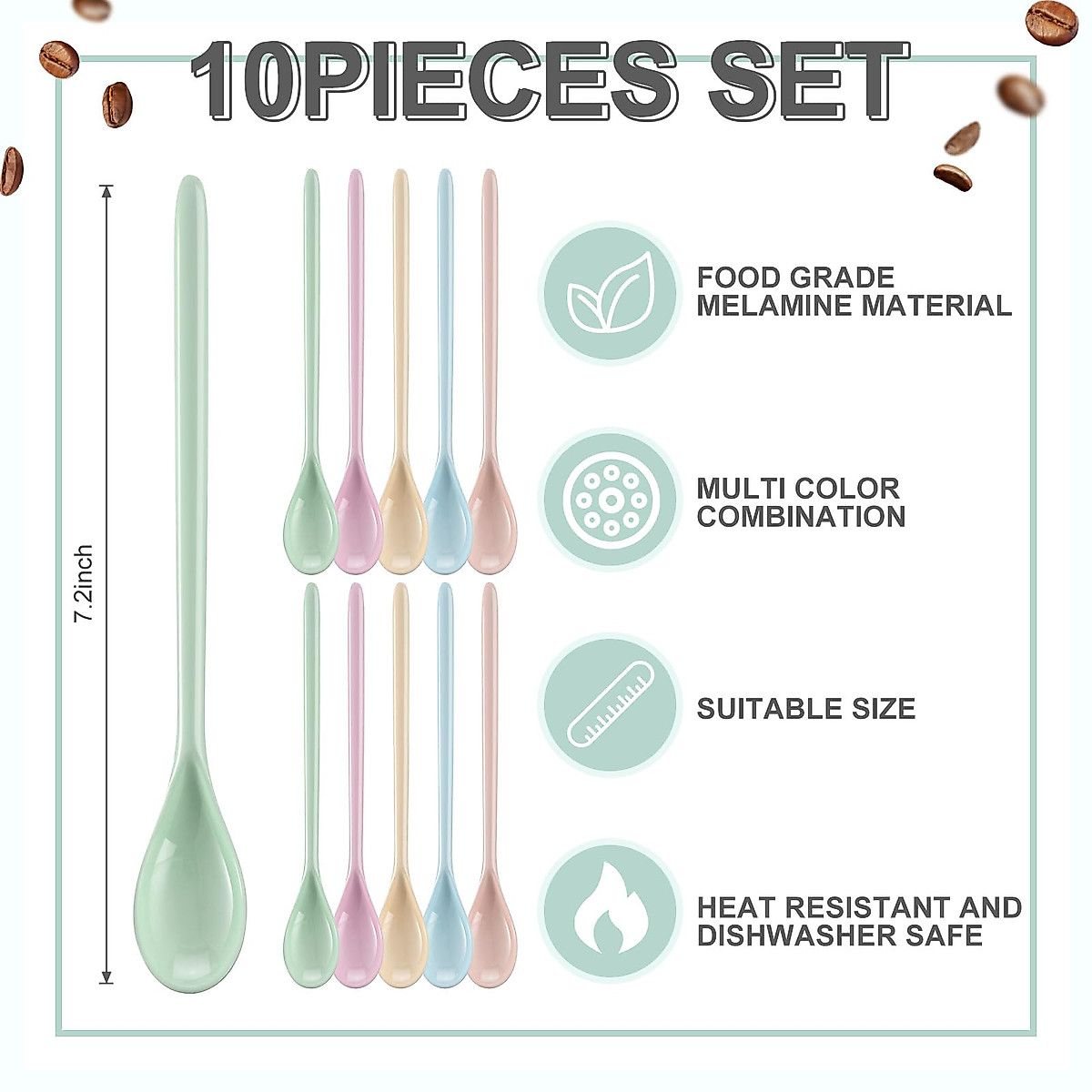 Lallisa 10 Pcs Melamine Long Handle Spoon 7.2'' Colorful Coffee Stirring Spoons Reusable Cute Plastic Spoons Mixing Iced Tea Spoons for Ice Cream Sundae Latte Chocolate Cocktail, Dishwasher Safe