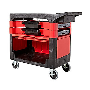 Rubbermaid Commercial Products Trades Tool Utility Cart, Locking Cabinet, with 2 Parts Boxes and 4 Parts Bins, 330 lb. Capacity, 5" Casters, Black, for Warehouse/Garage/Cleaning/Maintenance