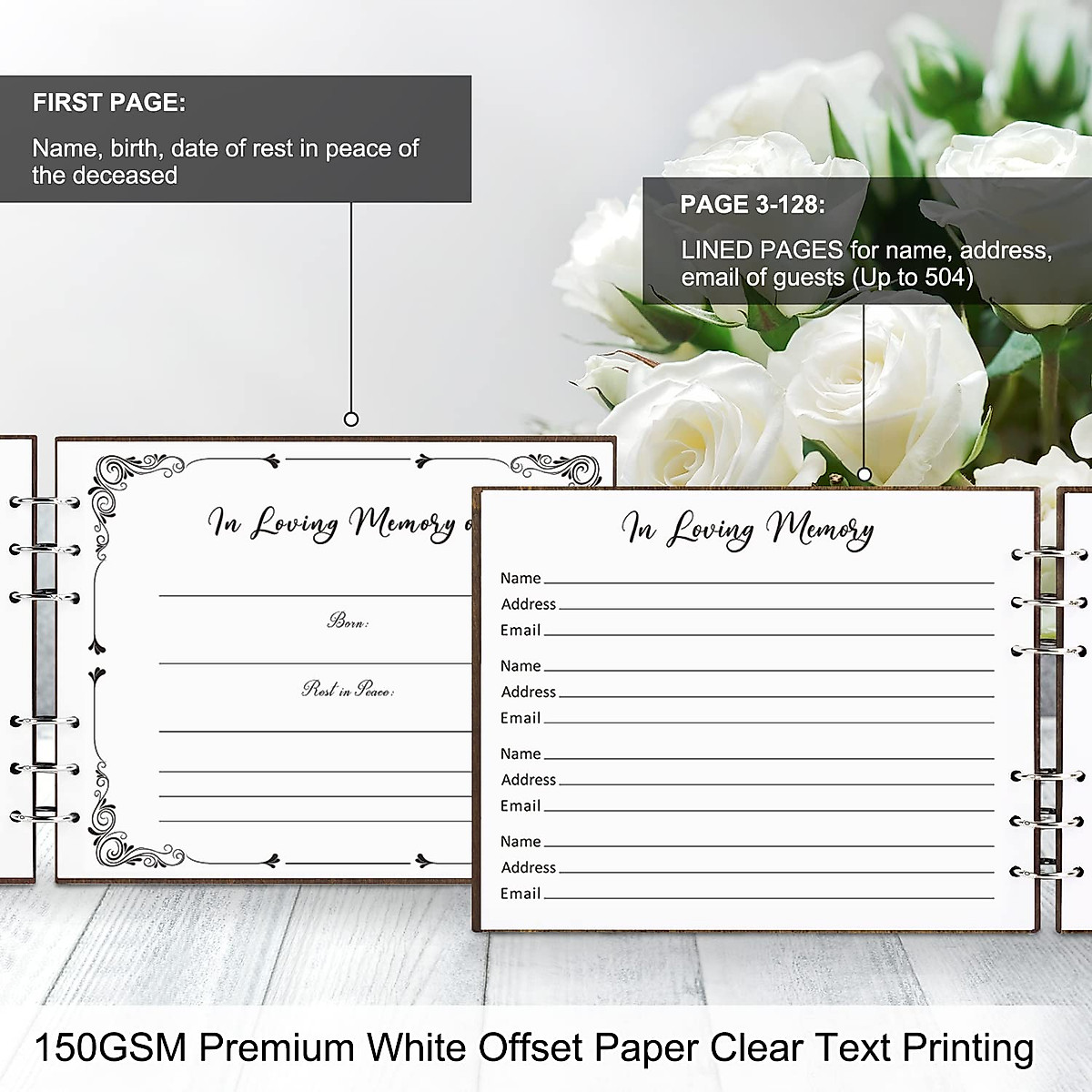 Creawoo Wooden Funeral Guest Book for Memorial Service Celebration of Life Decorations, Hardcover In Loving Memory Guestbook Set with White Pages, Included Share a Memory Cards, Table Sign, Pen (8.5")