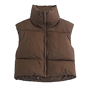 Gihuo Womens Quilted Cropped Puffer Vest Gilet Warm Padded Full Zip Lightweight Puffy Vest Short Sleeveless Jacket(Coffee-M)