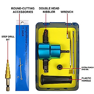 Double Headed Sheet Metal Nibbler, Drill Attachment Metal Cutter with Extra Punch and Die, Straight Curve and Circle Cutting Accessories and Step Drill Bit, 360 Degree Sheet Metal Nibbler