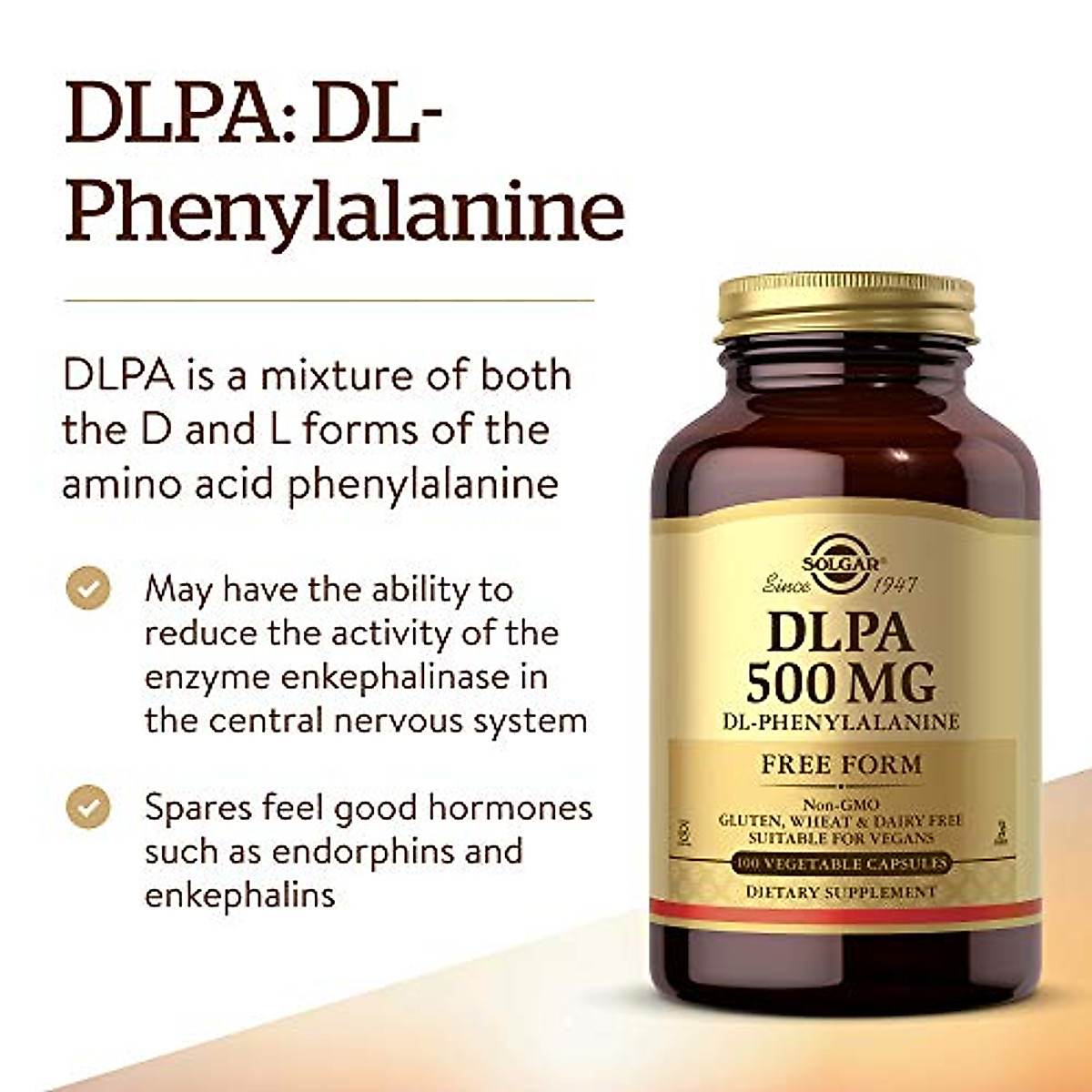 Solgar DLPA 500 mg, 100 Vegetable Capsules - Free Form DL-Phenylalanine - Supports Central Nervous System - Vegan, Gluten Free, Dairy Free, Kosher - 100 Servings