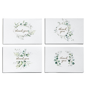 Ellen J Creations Floral Eucalyptus Wedding Thank You Cards, Pack of 48, 4x6, Blank, Smudge-Free, Heavyweight Cardstock, Gold Foil, Envelopes