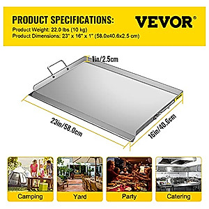 VEVOR Stainless Steel Griddle, 23" x 16" Griddle Flat Top Plate, Griddle for BBQ Charcoal/Gas Gril with 2 Handles, Rectangular Flat Top Grill with Extra Drain Hole for Tailgating and Parties.