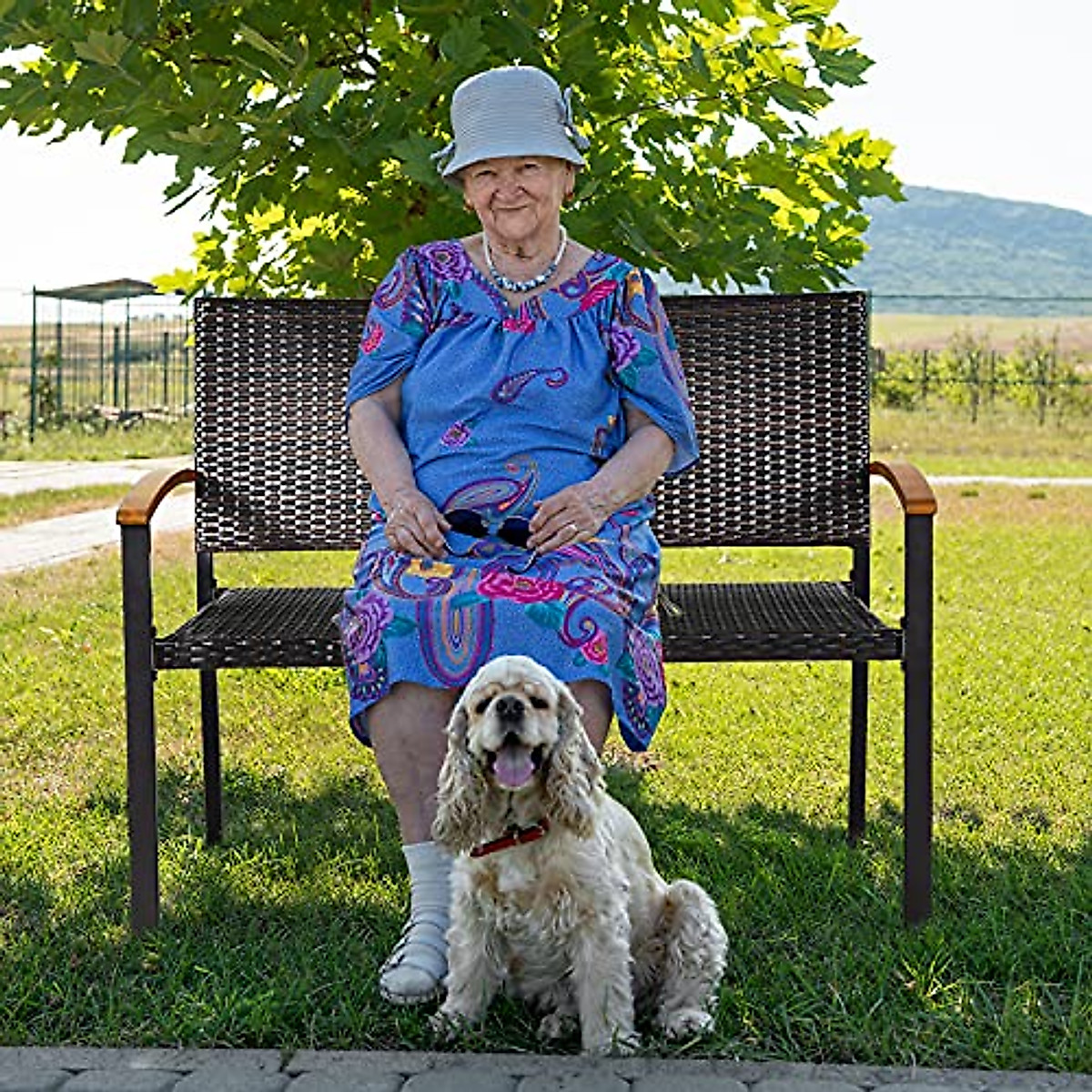 Tangkula Patio Wicker Bench, All Weather Rattan Bench w/Acacia Wood Armrest, Outdoor Loveseat Chair, Lightweight Patio Stackable Dining Bench for Front Porch, Backyard, Lawn, Garden, Pool, Deck