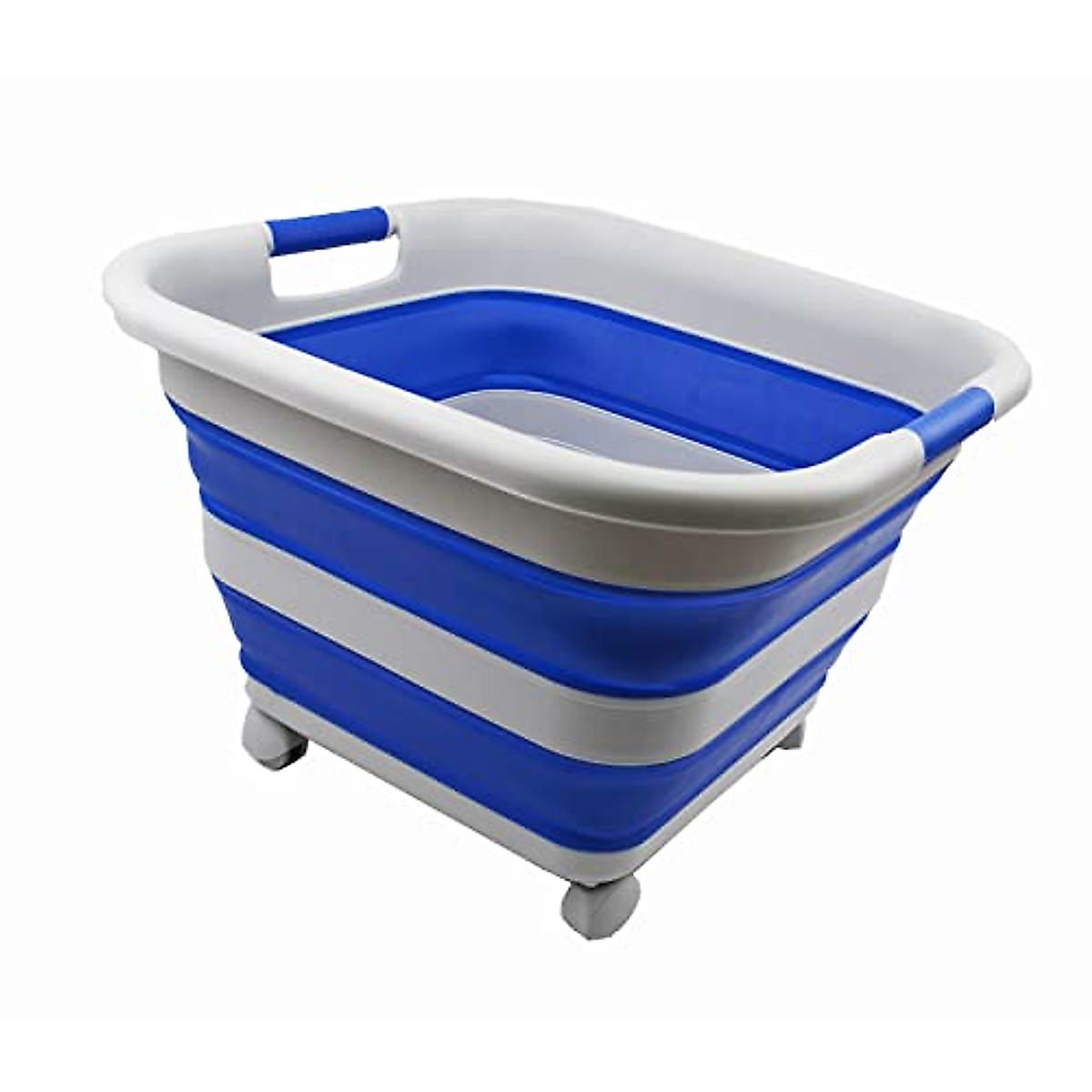SAMMART 39L (10.3 Gallons) Collapsible Plastic Laundry Basket with Wheels-Foldable Pop Up Storage Container (1, Grey/Purplish Blue)