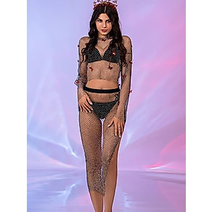 Lorealri Crystal Mesh Skirt Black Rhinestone Fishnet Cover Up Skirt Split See Through Dress Swimsuit Night Club Coachella Outfits Belly Accessories Jewelry for Women and Girls