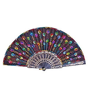 PHONME Decorative Folding Fans Peacock Pattern Folding Hand Held Fan Embroidered Sequin Party Wedding Prom Chinese Spain Hand Fan Folding Gift Hand Fan Vintage Style (Size : F)