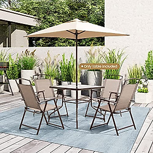 Crestlive Products Patio Dining Table, Outdoor Square Table with Umbrella Hole for 4 Persons, Tempered Glass Metal Bistro Table for Lawn, Deck, Backyard, Garden (Brown)