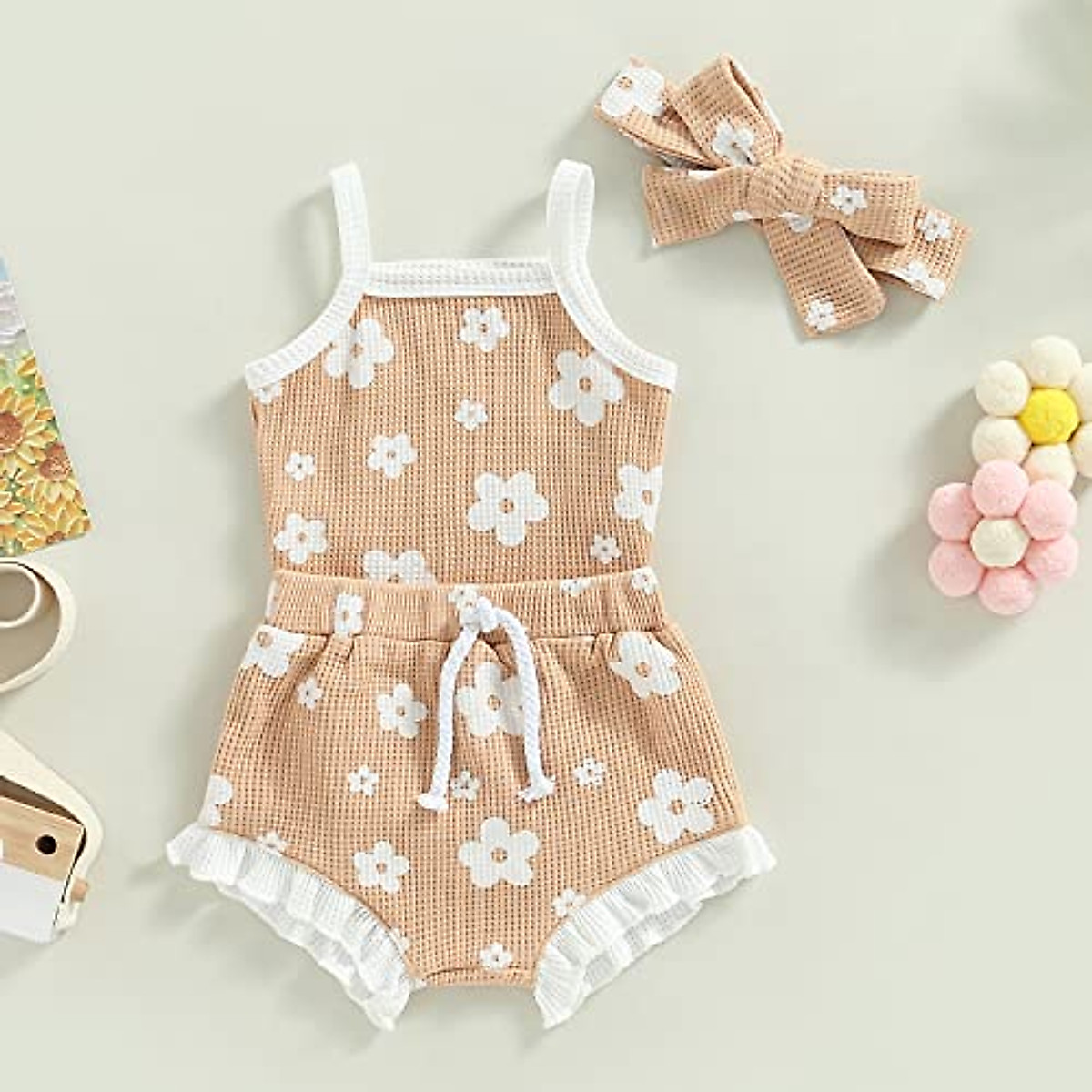Newborn Infant Baby Girl Clothes Onesie Romper Shorts Set Floral Summer Outfits Cute Baby Clothes for Girls (Boho Khaki,12-18 Months)