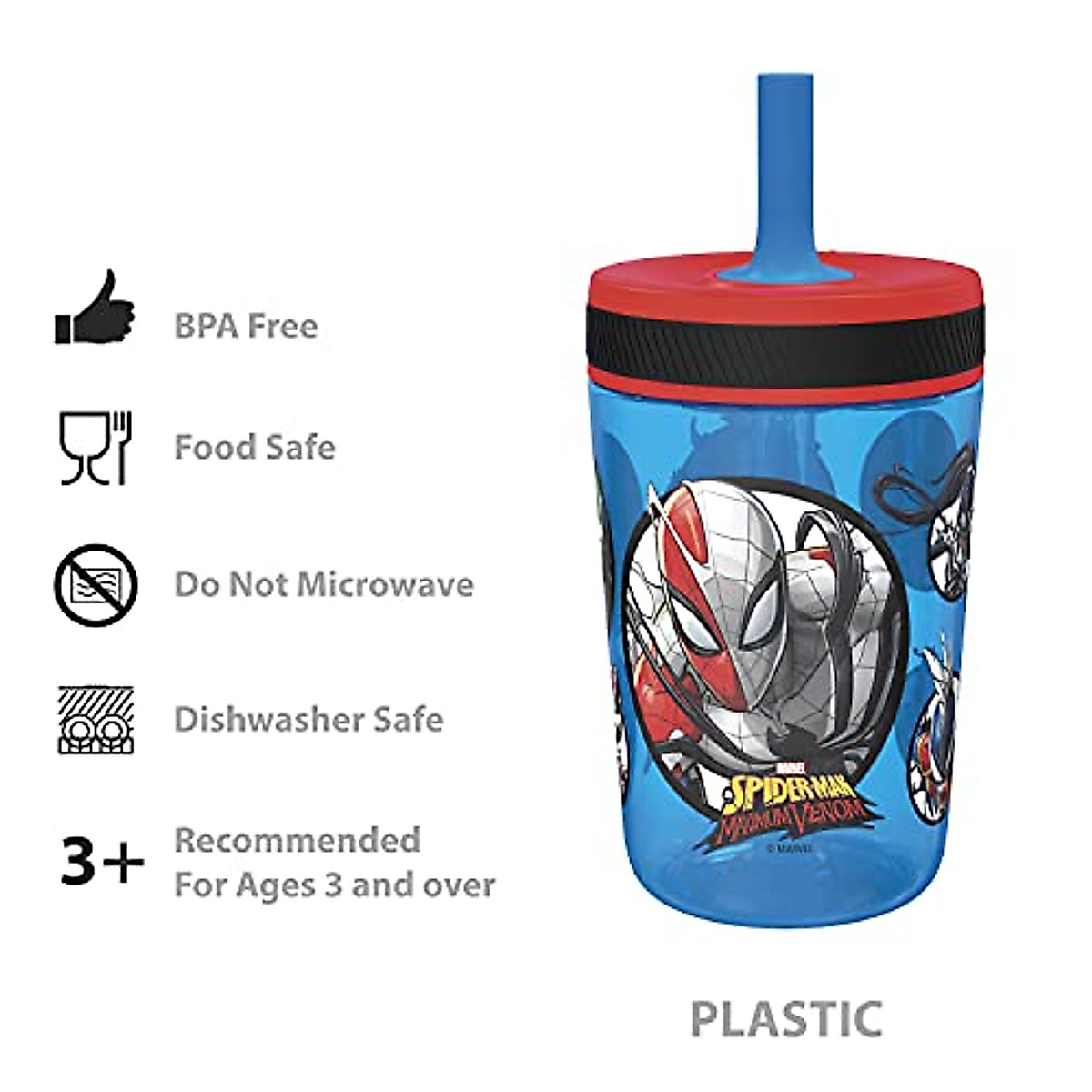 Zak Designs Marvel Spider-Man and Venom Kelso Tumbler Set, Leak-Proof Screw-On Lid with Straw, Made of Durable Plastic and Silicone, Perfect Bundle for Kids (15 oz, 2pc Set)