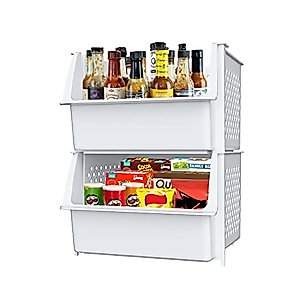 Skywin Plastic Stackable Storage Bins for Pantry - Stackable Bins For Organizing Food, Kitchen, and Bathroom Essentials (White 2-Pack)