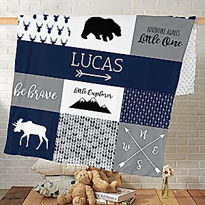 Personalized Baby Blanket for Boys - Custom Baby Blankets for Boys - Deer Baby Blanket- Woodland Nursery Décor - Baby Blankets for Boys Personalized (Blue Woodland)