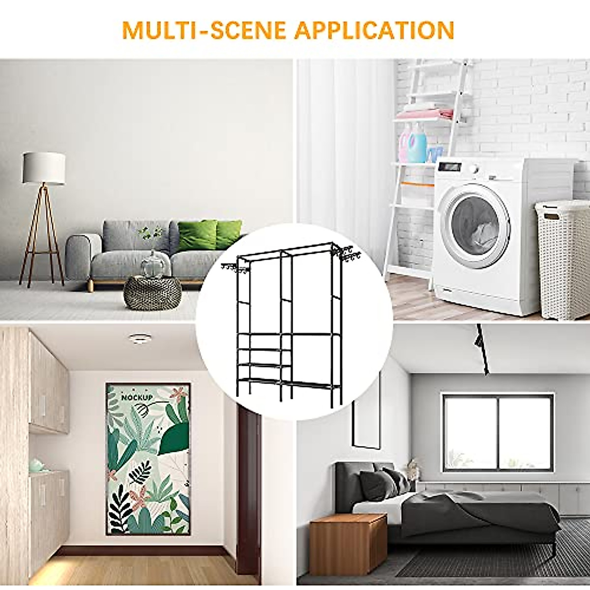 ZZBIQS 5 Tiers Metal Garment Clothing Rack Hanging Clothes Organizers with Shelves and 4 Side Hook , Compact Armoire Storage Rack, 33.8" L x 17.3" W x 68.5" H, Max Load 115 LBS, Black