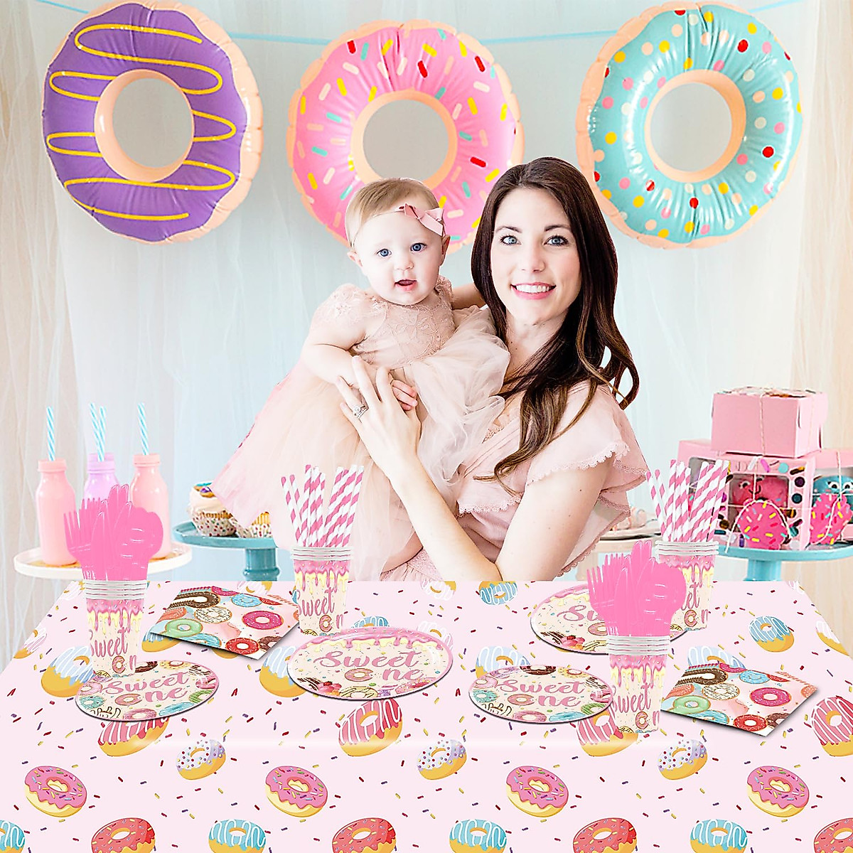 LXlucktim Donut Birthday Party Supplies for 1 Year Old Girl, 202 Pcs Sweet One Party Decorations for Girls Baby - Table Cover, Plates, Cups, Napkins, Utensils, Serves 25 Guests