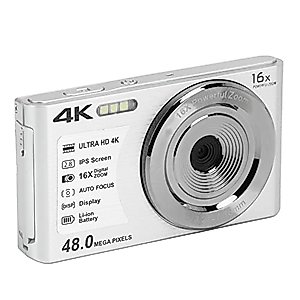 4K Digital Camera, Kids Selfie Camera 2.8 Inch Screen, 48MP Video Camera with 16X Digital Zoom for Teens Beginners, Image Stabilization, 256GB Expansion, Christmas Birthday Gifts (Silver)