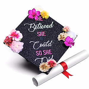 GRADWYSE Once Upon A Time Handmade Graduation Cap Topper Gift For Her Graduation Gift Graduation Cap Decorations, She Believed She Could So She Did (Black)