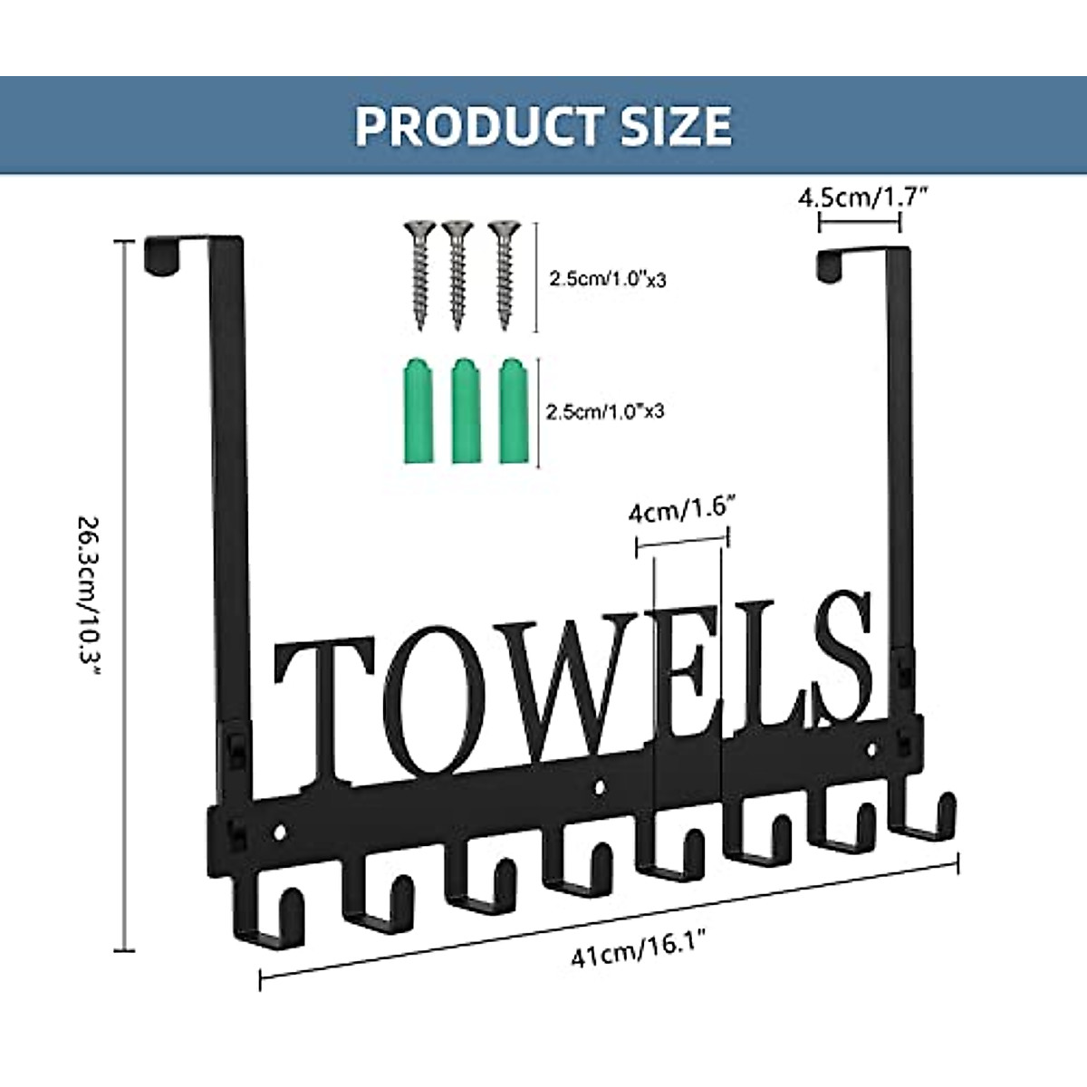 Azmoncy Over The Door Hooks, Towel Rack for Bathroom Towel Holder for Hanging Heavy Duty, Wall Mount Towel Hanger with 8 Hooks for Bedroom Bathroom Pool Kitchen Towels, Bag, Coats