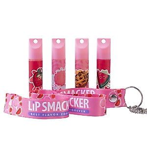 Lip Smacker Flavored Lip Balm & Pink Lanyard Set | Strawberry, Cotton Candy, Watermelon, Oatmeal Cookie Flavors | For Kids | Stocking Stuffer | Christmas Gift | Set of 4