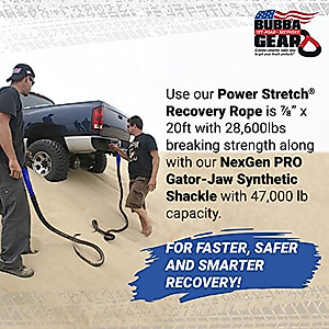 Bubba Rope Off-Road Truck Recovery Gear Set – Heavy-Duty Vehicle Tow Kit: Power Stretch Recovery Rope, 7/8” x 20’ - NexGen PRO Gator-Jaw Synthetic Shackles, 3/8” x 6.5” - Blue