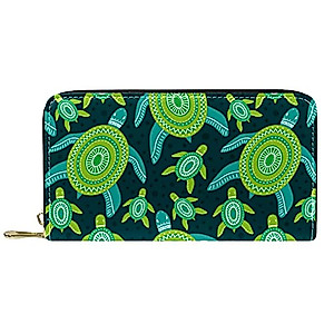 Leather Zip Long Wallet Green Cute Turtle Pattern Cartoon Personalise Purse