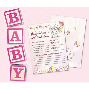 50 Deluxe Pink Elephant Advice and Predictions Cards- Large Double Sided 5 x 7 Inch for Baby Girl Shower Game, New Parent Message Book, Mom & Dad to Be, Decorations