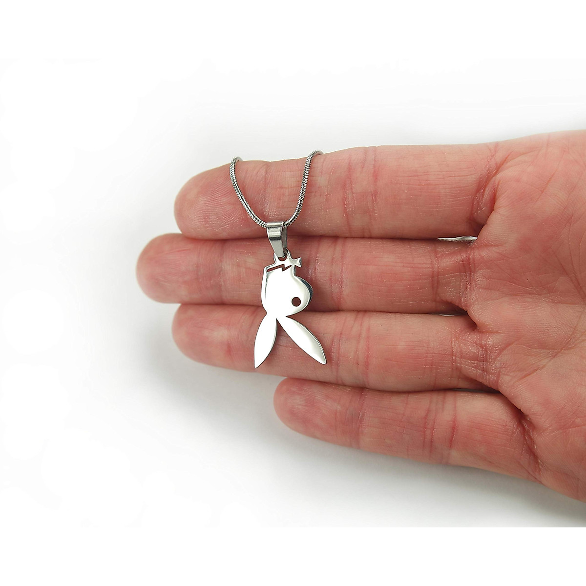 Ann Claridge Upside Down Playboy Bunny Necklace, on 18In Snake Chain, Pure 304 Stainless Steel, Playboy Chain Rabbit Tattoo Symbol Charm Pendant Necklace