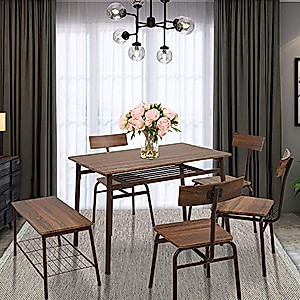 LUCKYERMORE 6 Piece Dining Room Table Set with Bench Compact Wooden Kitchen Table and 5 Chairs with Metal Legs Dinette Sets