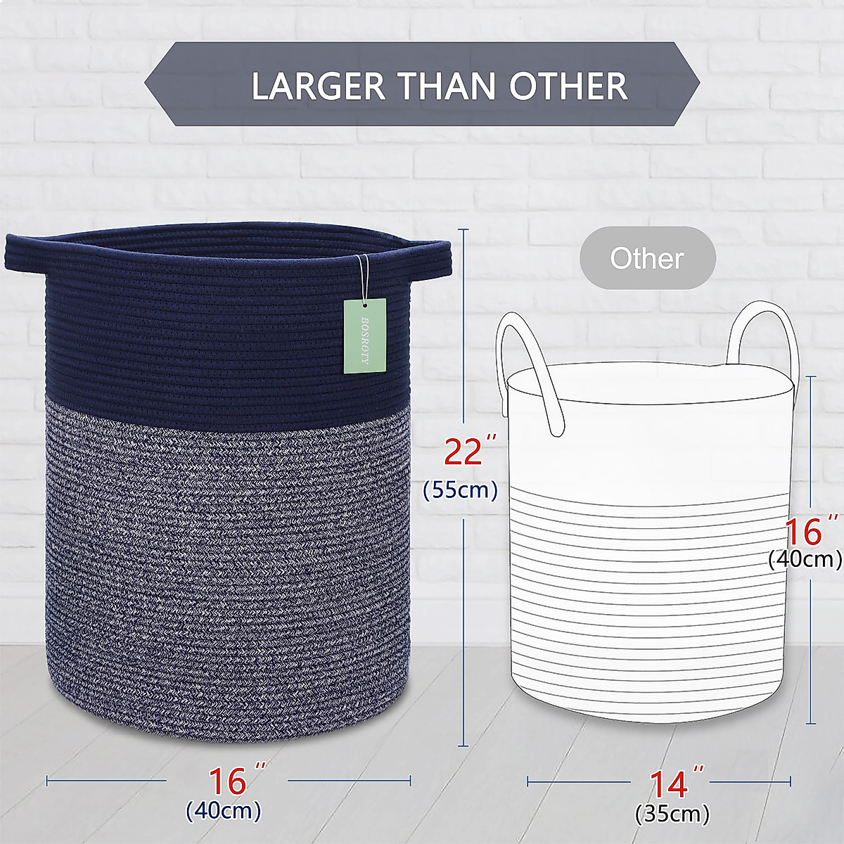 BOSROTY Large Laundry Hamper Basket for Clothes 72L, Nursery Hamper, Blanket Basket, Clothes Basket Laundry, Tall Laundry Basket for Blanket Towels, Woven Basket, Toy Basket, 16”x 22”, Navy Blue
