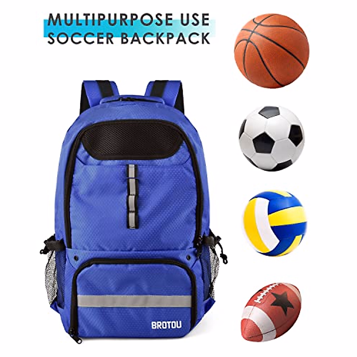 BROTOU Premium Soccer Bag, Basketball Backpack with Separate Cleat and Ball Compartment, Backpack for Rugby & Football & Volleyball & Handball (Blue)
