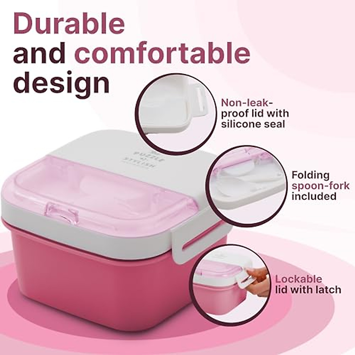 Earth&ME Bento Lunch Box For Adults Kids, 1100 Ml Bento Box Container With 2 Floors 3 Compartments, Leak-proof Sauce Container, Spork, Ideal Salad Container For Lunch For School, Office, Travel, Pink