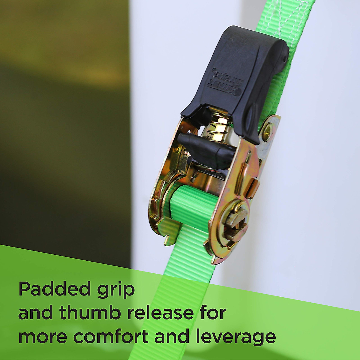 SMARTSTRAPS - 101W QuadWinder 14’ Padded Ratchet Tie Down, Green (4pk) - Patented Self-Loading Storage Case - 1,500lb Break Strength, 500lb Safe Work Load – Haul Lighter Loads Like ATV’s, Mowers and More