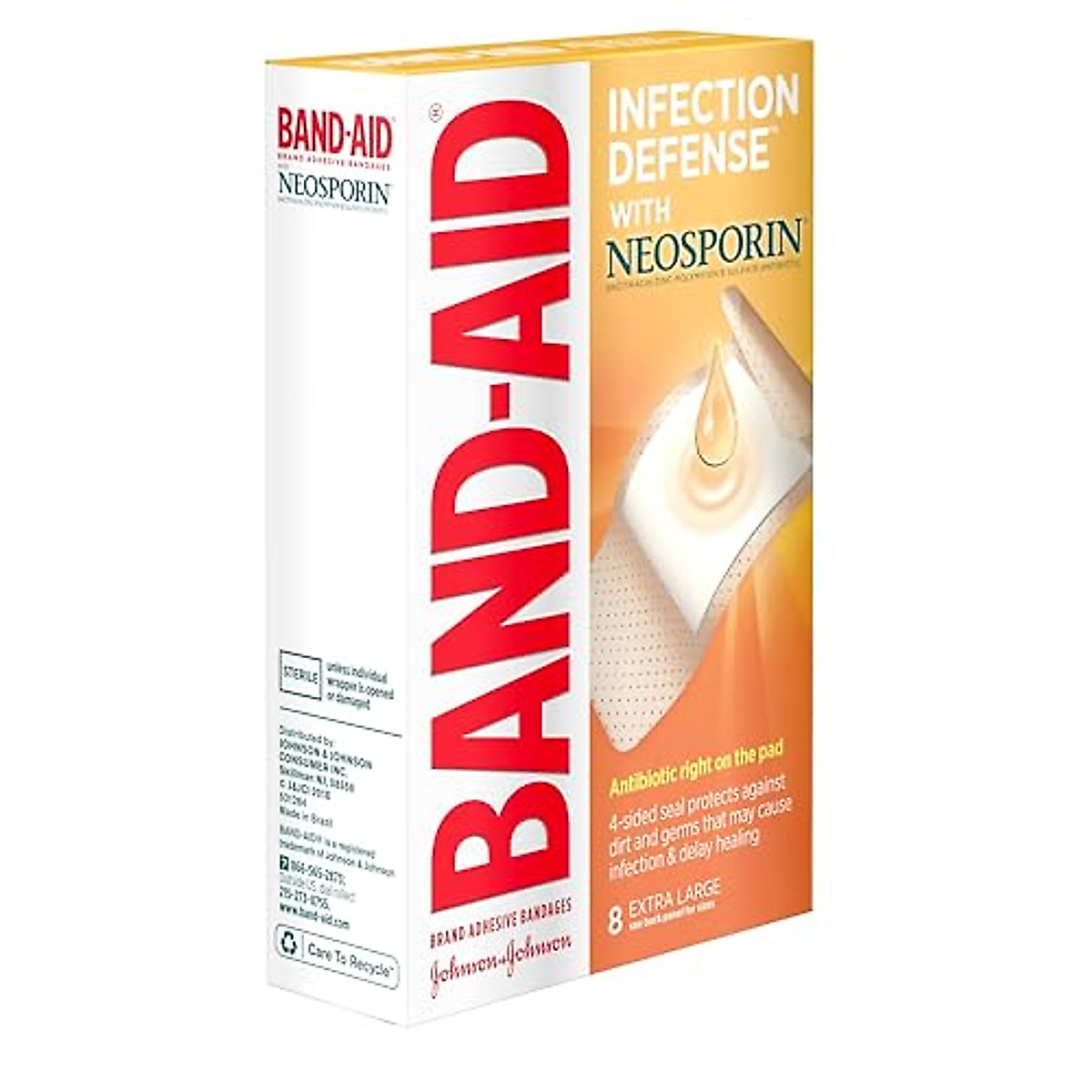 Band-Aid Brand Adhesive Bandages Infection Defense with Neosporin Antibiotic Ointment, for Wound Care and First Aid, Extra Large, 8 ct
