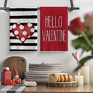 Artoid Mode Stripes Heart Hello Valentine Kitchen Towels Dish Towels, 18x26 Inch Seasonal Anniversary Valentine's Day Decoration Hand Towels Set of 2