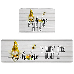 Sabolny Honey Gnomes Bee Comb Kitchen Runner Rug Mat, Bath Shower Bathtub Welcome Door Floor Mat, Farmhouse Daisy Floral Wooden Washable Indoor Outdoor Throw Entry Area Rug Doormat