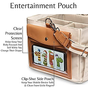 Diaper Caddy With Shoulder Strap & Entertainment Pouch Keeps Baby Still For Diaper Change. Waterproof Diaper Organizer Canvas Fabric Wipe Clean. Diaper Caddy Organizer Multiple Compartments (Beige)