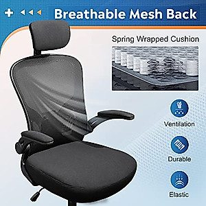 DEVAISE Mesh Computer Office Chair, High Back Ergonomic Desk Chair with Flip-up Armrests and Adjustable Headrest, Backrest and Lumbar Support, Black