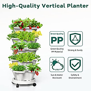 Tectsia Strawberry Vertical Planter Tower Garden, 3 Tiered Planter Stackable Herb Garden Planter with Movable Casters and Bottom Saucer Indoor and Outdoor - White